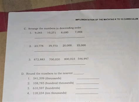 IMPLEMENTATION OF THE MATATAO K TO 10 CURRICULUMC Arrange The Numbera I