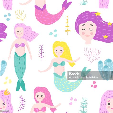 유치 한 스타일 인 완벽 한 패턴입니다 귀여운 마린 여자와 직물 섬유 벽지 장식 추상 요소 키즈 배경 벡터 일러스트 레이 션 0