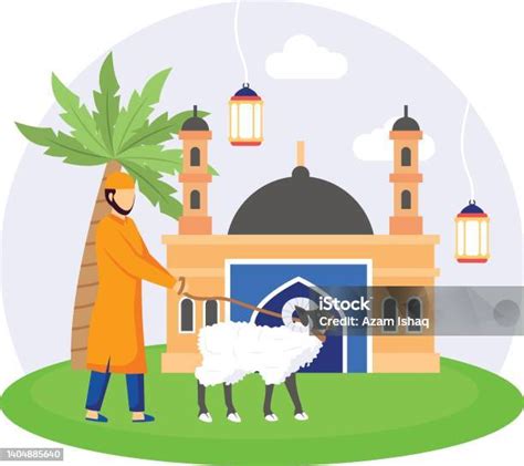 커뮤니티 센터 개념에 염소를 가져 오는 남자 정육점 들고 양고기 로프 벡터 아이콘 디자인 이드 알 아자 또는 이드 울 카비르 기호 Hajj 기호 무슬림 종교 축제 스톡