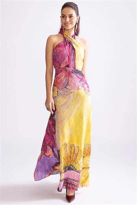 Yellow And Purple Habutai Daisy Printed Maxi Dress By Saaksha And Kinni At