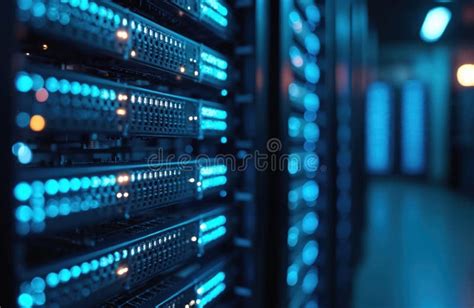 Rack Of Servers In Data Center Blinking Blue Leds Symbolize Data Transfer Secure Environment