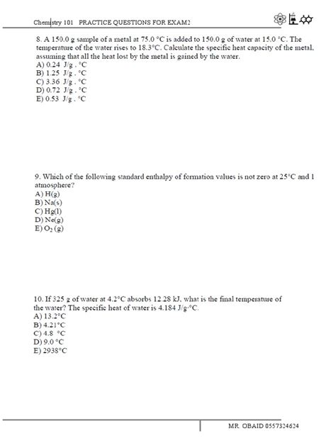 Chemistry 101 Practice Questions For Exam2 Pdf
