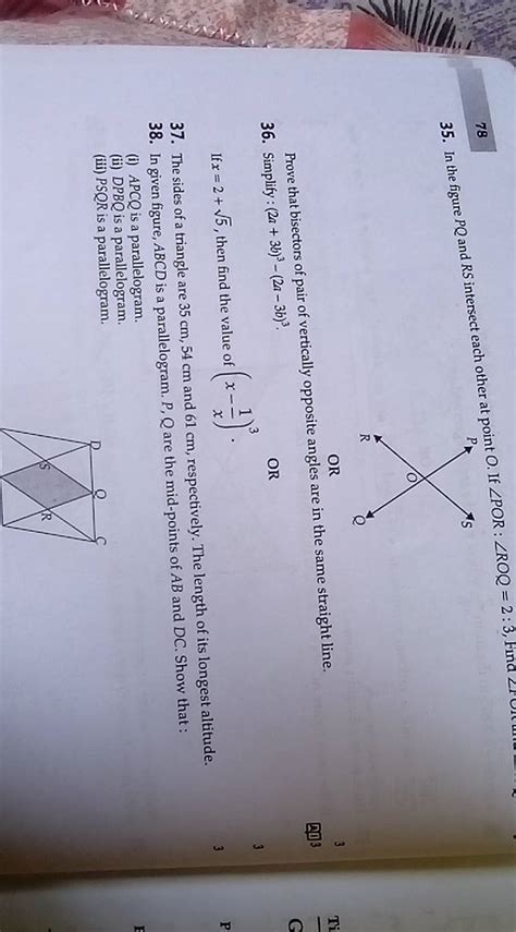 In The Figure Pq And Rs Intersect Each Other At Point O If Por