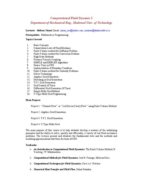 Syllabus Cfd I Pdf Computational Fluid Dynamics Fluid Dynamics