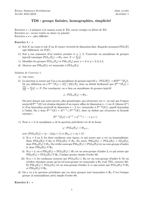 Algebre 1 TD 6 td d algèbre Ecole Normale Sup erieure 1ere ann