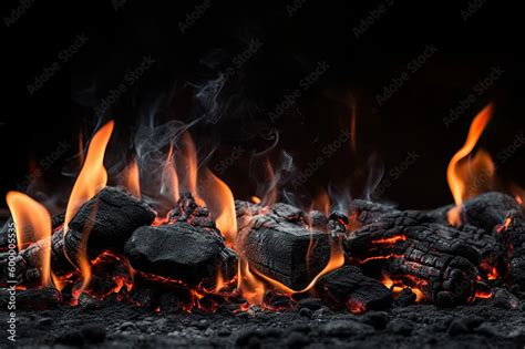 Barbecue Grill Pit With Glowing And Flaming Hot Charcoal Briquettes