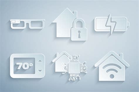 스마트 홈 배터리 온도 조절장치 Wifi 보호 하에 하우스 및 안경 아이콘을 설정합니다 벡터 3차원 형태에 대한 스톡 벡터 아트