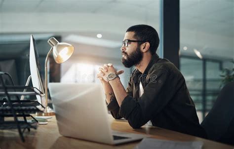 Computer Thinking And Research With Business Man In Office For Web