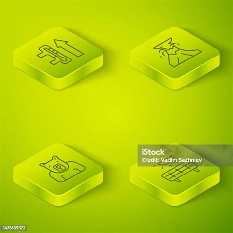 용암 북극곰 머리 태양 에너지 패널 및 지구 온난화 아이콘으로 아이소 메트릭 라인 화산 폭발을 설정합니다 벡터 3차원 형태에 대한 스톡 벡터 아트 및 기타 이미지 Istock