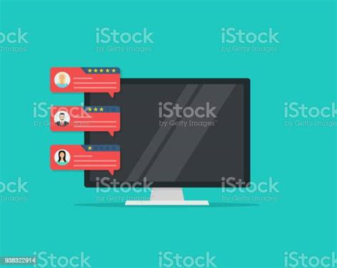 고객 검토 등급 메시지 데스크톱 Pc 디스플레이 온라인 리뷰 또는 클라이언트 평가 피드백의 평면 만화 디자인 컴퓨터 등급 별