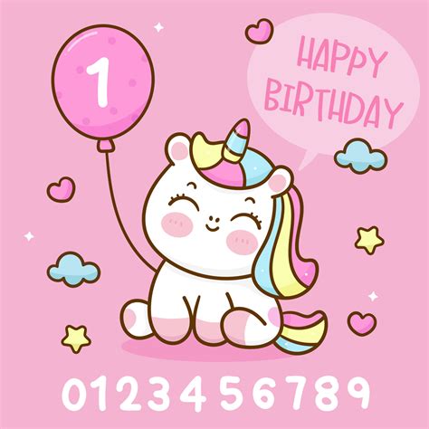 Cute Unicorn Cartoon Happy Birthday Party With Number 10881973 Vector