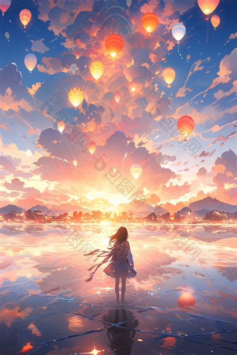 少女与热气球湖水高度插画图片 包图网