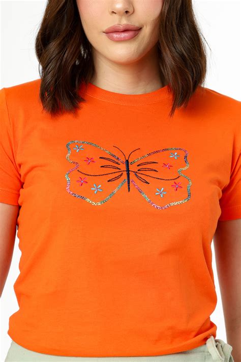T Shirt Borboleta Bordada Lantejoula Laranja Atacado Tshirt Use