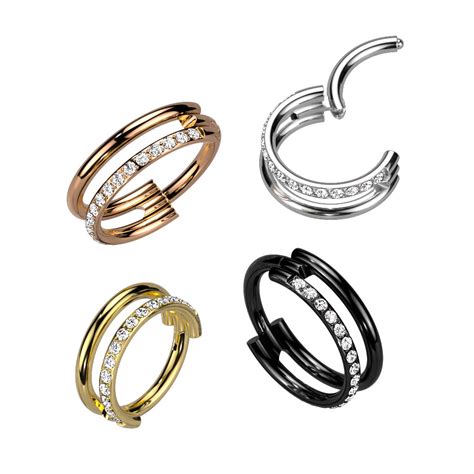 16g Titanium Double Hoop Single Pave Cz Hinged Ring Keen On Piercing