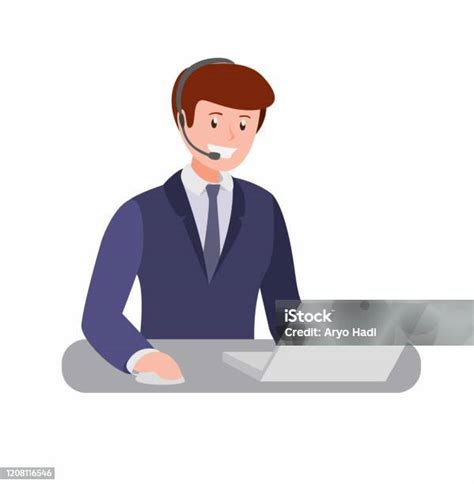 흰색 배경에서 고립 된 만화 평면 일러스트 벡터에서 헤드셋 뉴스 앵커 또는 고객 지원 직업을 가진 사무실 노동자 남자 밀링