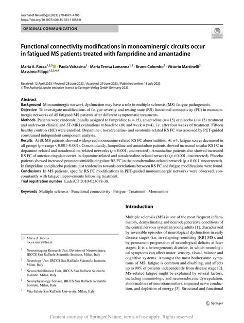 Functional Connectivity Modifications In Monoaminergic Circuits Occur In Fatigued Ms Patients