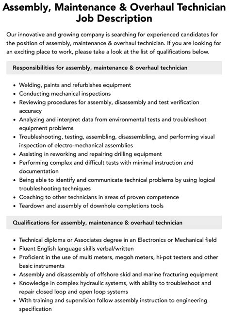 Assembly Maintenance And Overhaul Technician Job Description Velvet Jobs