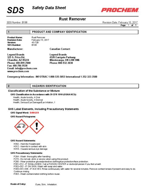 Safety Data Sheet Rust Remover 1 Product And Company Identification