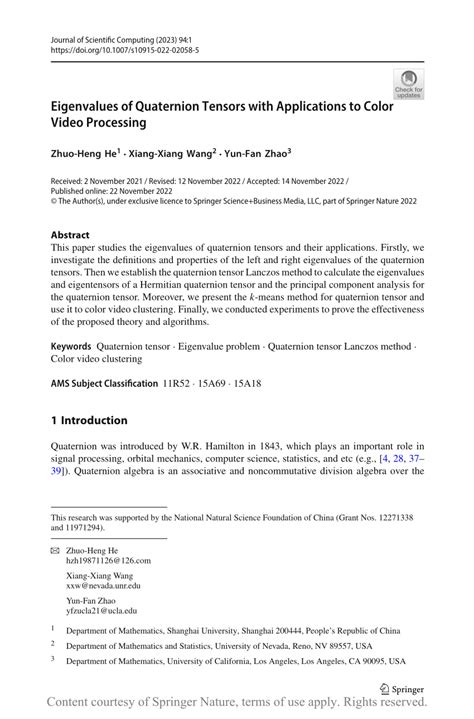 Eigenvalues Of Quaternion Tensors With Applications To Color Video Processing Request Pdf