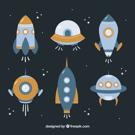 평면 디자인으로 화려한 우주선 컬렉션 무료 벡터