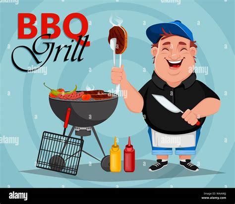 Bbq Young Cheerful Man Cooks Grilled Meat Barbecue Party Vector