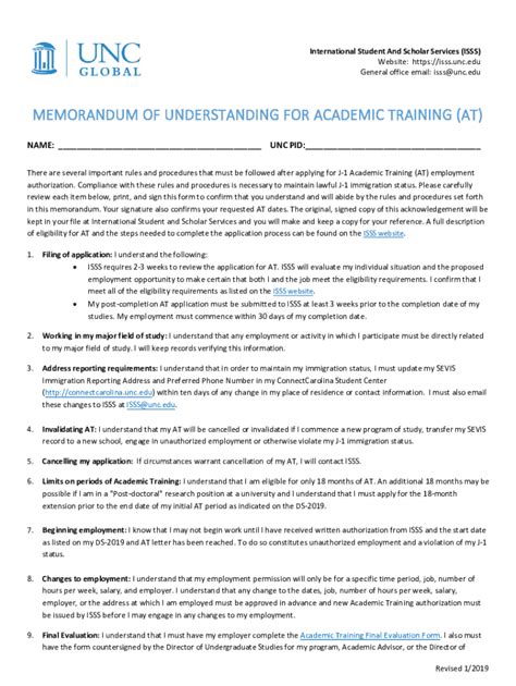 Fillable Online Isss Unc MEMORANDUM OF UNDERSTANDING FOR ACADEMIC