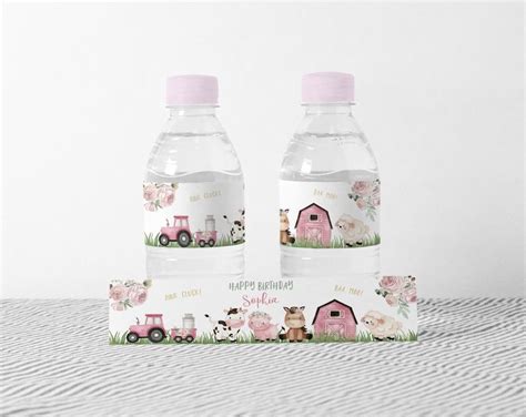 Editable Farm Water Bottle Labels Pink Farm Party Printable Floral