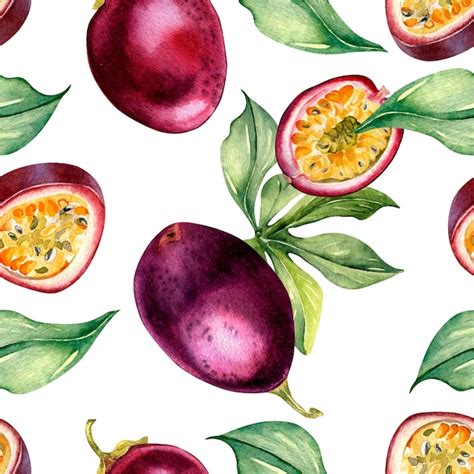 Vários frutos de maracujá em padrão sem emenda de aquarela de folha