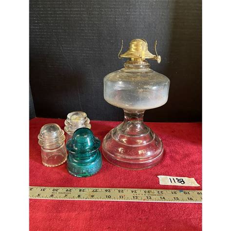 Vintage Clear Glass Oil Lamp W 3 Antique Glass Insulators Schmalz