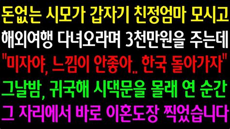 실화사연 돈없는 시모가 친정엄마 모시고 해외여행 다녀오라며 3천만원 주는데 미자야 느낌이 안좋아 한국 돌아가자 그날밤