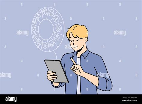 Man With Tablet Reading Horoscope Guy Look At Pad Screen Engaged In