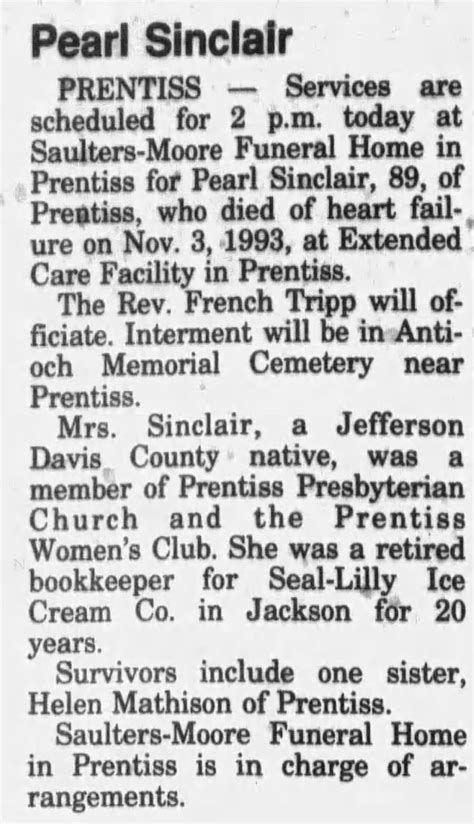 Obituary For Pearl Sinclair