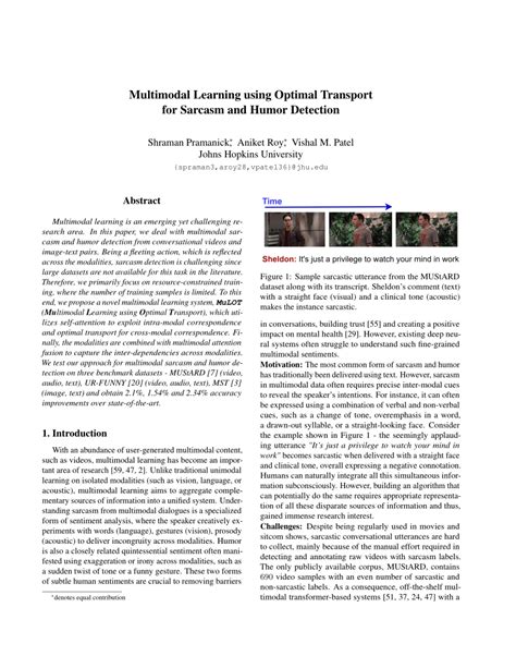 PDF Multimodal Learning Using Optimal Transport For Sarcasm And Humor Detection