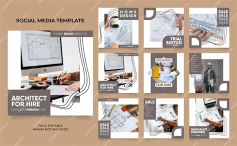 소셜 미디어 템플릿 배너 하우스 아키텍처 서비스 프로모션 완전히 편집 가능한 인스 타 그램 및 페이스 북 사각형 포스트 프레임 퍼즐 유기 판매 포스터 프리미엄 벡터