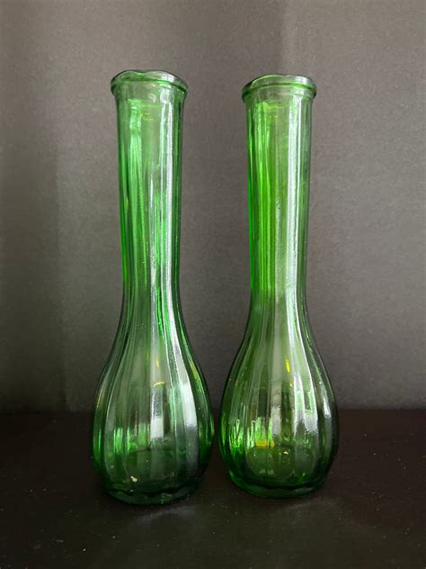 Mid Century Green Glass Bud Vase Pair Etsy