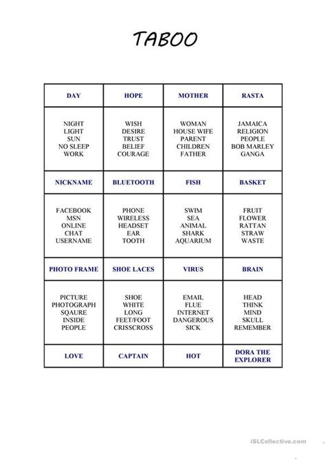 Taboo Card Game Worksheet Free ESL Printable Worksheets Made By Teachers Taboo Cards