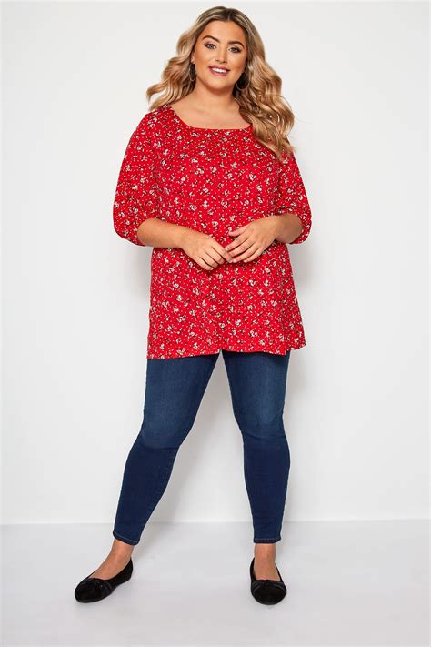 Red Ditsy Floral Print Square Neck Top Yours Clothing