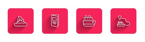 바다에 있는 열대 섬 브로셔 유람선 긴 그림자가 있는 선박 라인 경로를 설정합니다 빨간색 사각형 버튼입니다 벡터 0명에 대한 스톡 벡터 아트 및 기타 이미지 Istock