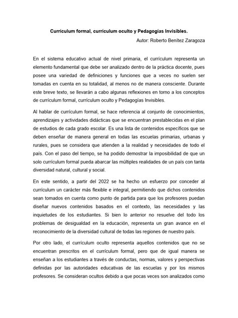 Currículum Formal Oculto Y Pedagogías Invisibles Pdf Plan De