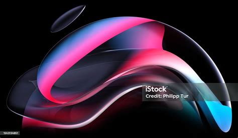 추상 미술의 3d 렌더링 곡선 물결 모양의 우아함 구형 선이 반투명 플라스틱 소재로 형성되고 형광등이 조명된 네온 빛나는 부분이 파란색과 보라색 그라데이션 색상으로