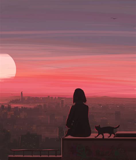 1366x1600 Anime Sunset Hd Alone With Cat 1366x1600 Resolution Wallpaper