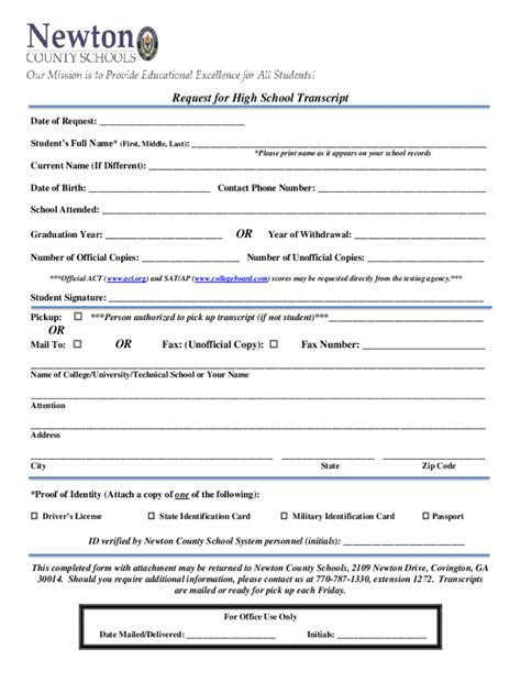 Fillable Online Request For High School Transcript Request For High