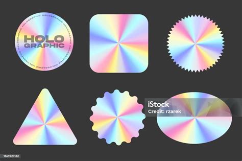 벡터 홀로그램 접착 스티커 태그 및 다양한 모양의 라벨 모형 디자인 배지에 대한 스톡 벡터 아트 및 기타 이미지 배지 고급 그라데이션 Istock