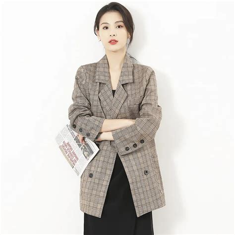 격자 무늬 정장 칼라 긴 소매 더블 브레스트 포켓 느슨한 대형 영국 정장 슬림핏 캐주얼 패션 정장 재킷 신제품블레이저