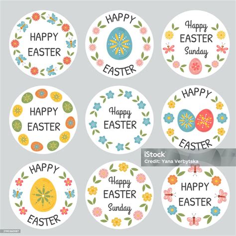 부활절 라벨 번들 꽃과 배지 달걀 부활절 휴일 상징 둥근 스티커 행복한 부활절 인사말 타이포그래피 메시지가 있는 꽃 프레임 선물 패키지 인사말 카드에 대 한 부활절 글자 0