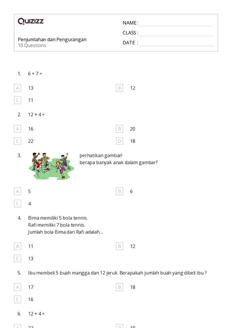 50 Lembar Kerja Pengurangan Dalam 20 Untuk Kelas 1 Di Quizizz Gratis