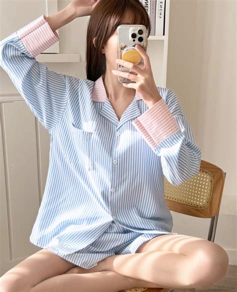 당일발송 셔츠 배색 스트라이프 잠옷 파자마 긴팔 반바지 가을 잠옷 홈웨어 세트 에이블리