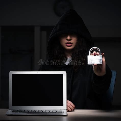 Female Hacker Hacking Security Firewall Late In Office Stock Image