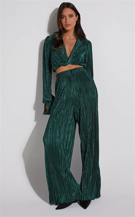 Aluna Two Piece Set Plisse Twist Front Crop Top And Wide Leg Pants