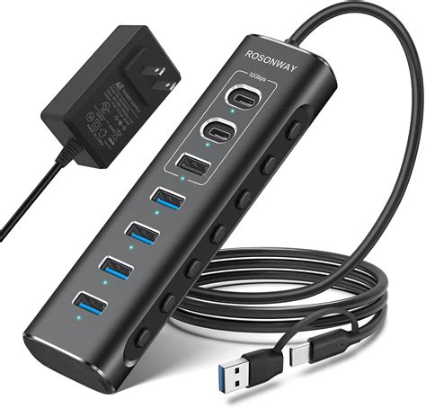 Powered Usb Hub Rosonway 7 Port Usb 3 2 Usb C Hub With 10gbps Usb A 3